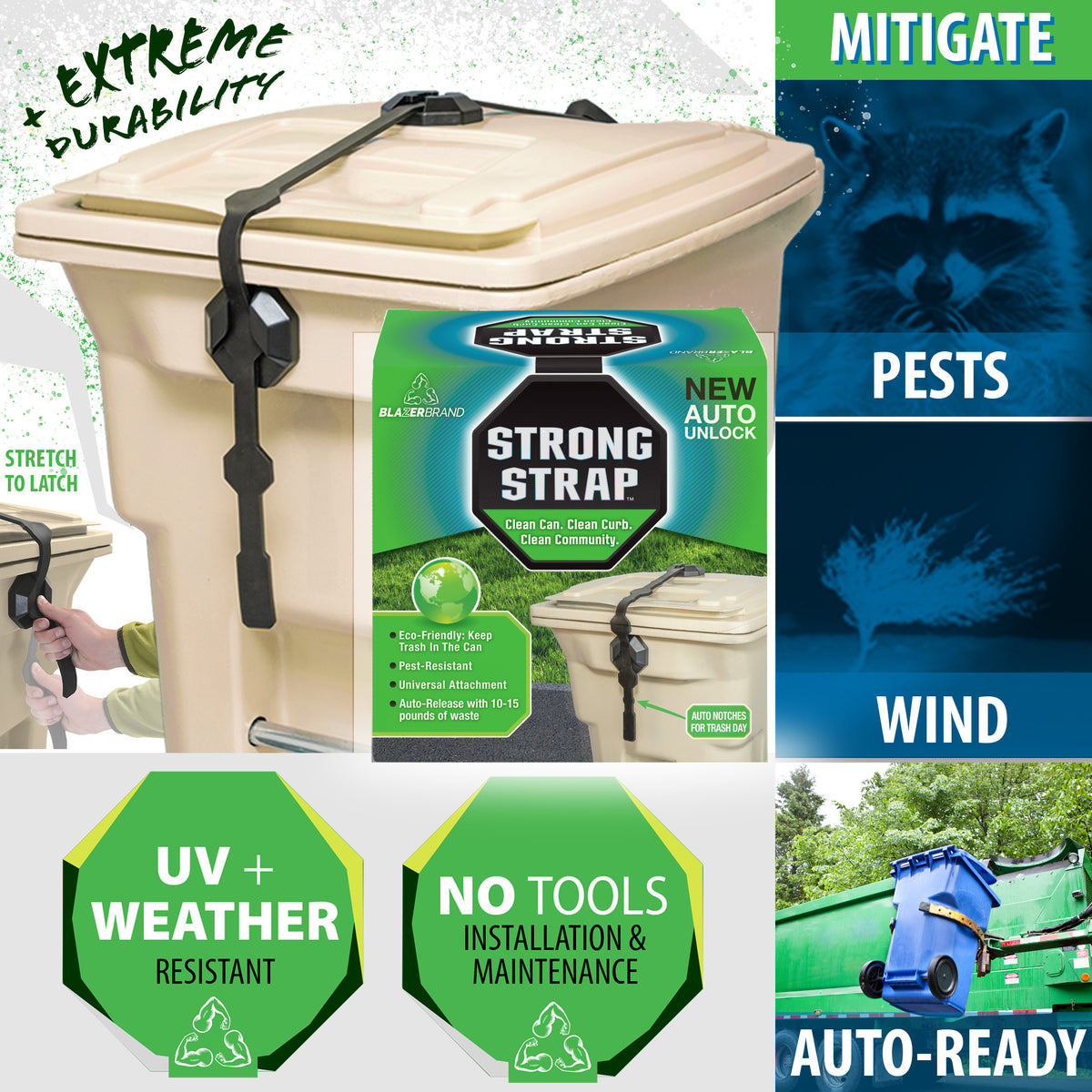 Strong Strap™ AUTO Stretch Latch, Lid Lock for Trash Cans – Blazer Brand