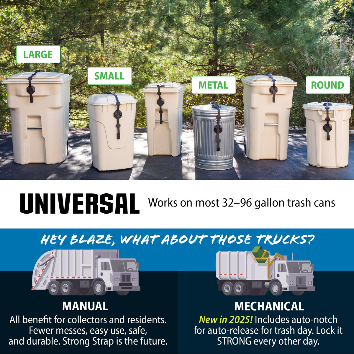 Strong Strap™ AUTO Stretch Latch, Lid Lock for Trash Cans – Blazer Brand